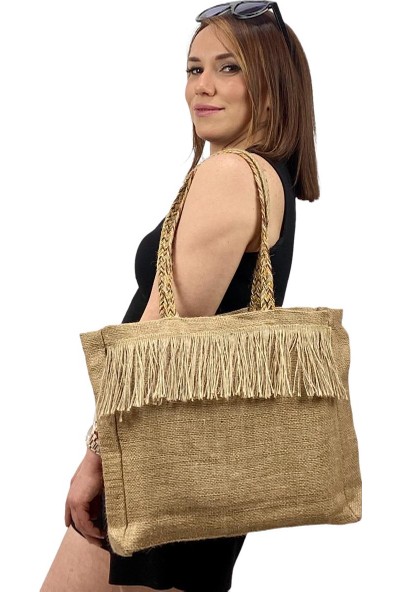 Nazhira Tekstil Jüt Püsküllü Orta Boy Plaj Çantası