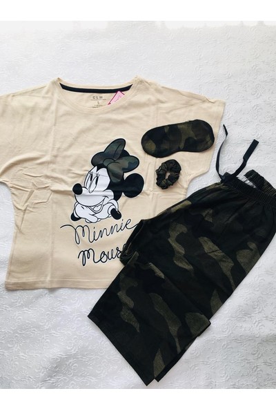 Minnie Baskılı Kamuflajlı Kaprili Pijama Takımı