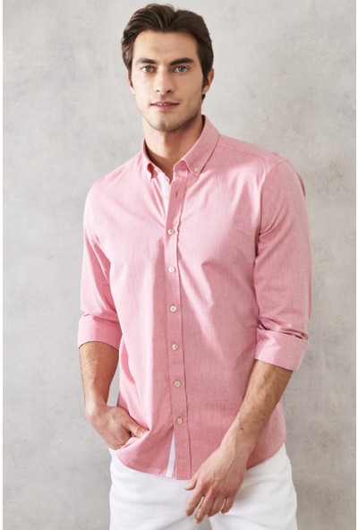 Slim Fit Düğmeli Yaka %100 Pamuk Düz Casual Gömlek