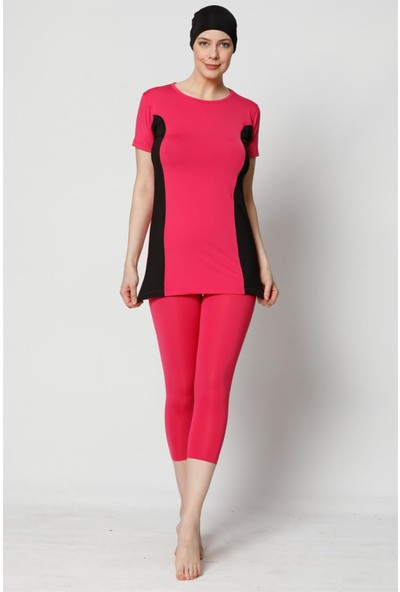 Moda Çizgi Yarım Kapalı Taytlı Likralı Kısa Kol Tesettür Mayo 28049