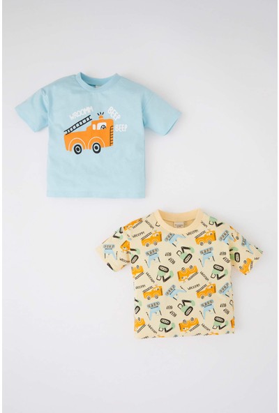 DeFacto Erkek Bebek Regular Fit İş Makinası Baskılı Kısa Kollu 2'li Pamuklu Tişört X7843A222SM