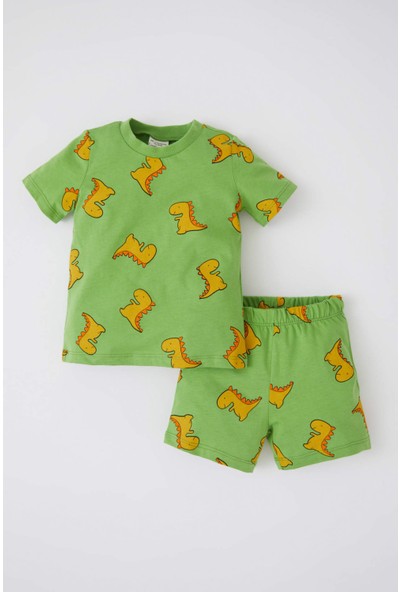 DeFacto Erkek Bebek Regular Fit Dinozor Baskılı Pamuklu Kısa Kollu Şort Pijama Takım X6432A222SM