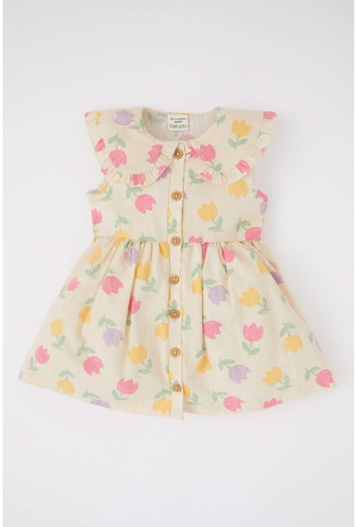 DeFacto Kız Bebek Keten Görünümlü Regular Fit Büyük Yaka Kolsuz Elbise Y1549A222SM