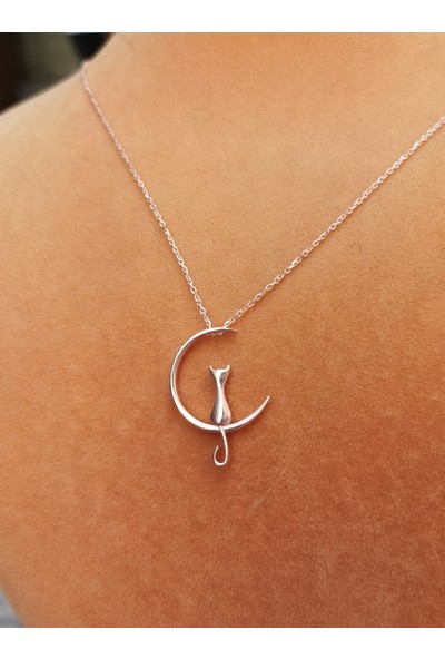 Firuze Gümüş Kedi Ay Üzerinde Rose Rengi Gümüş Kolye Firuze Gümüş Kedi Ay Üzerinde Rose Rengi Gümüş Kolye