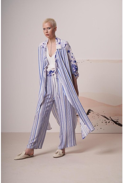 Yeşim Özcan Saks Çizgili Pantolon Saks Mavisi