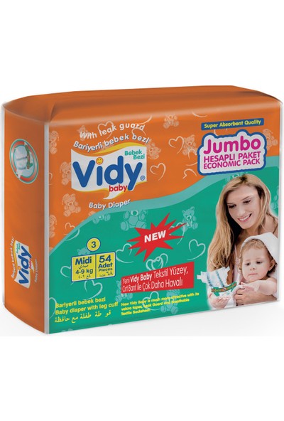 Vidybaby Midi 54 Adet Bebek Bezi Jumbo Ekonomik Paket 3 Beden / 4-9 kg Vidybaby Midi 54 Adet Bebek Bezi Jumbo Ekonomik Paket 3 Beden / 4-9 kg