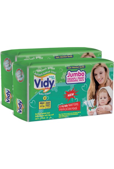 Vidybaby Mini 132 Adet Bebek Bezi Jumbo Ekonomik Paket 2 Beden 66*2 / 3-6 kg Vidybaby Mini 132 Adet Bebek Bezi Jumbo Ekonomik Paket 2 Beden 66*2 / 3-6 kg