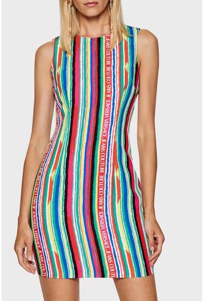 Versacejeans Couture Logolu Regular Fit Bisiklet Yaka Çizgili Elbise Bayan Elbise 71HAO901 NS022 Mc2