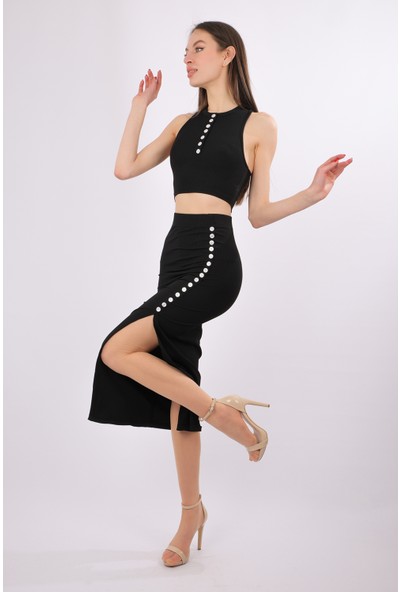 Bomestida Kadın Siyah Düğme Detaylı Etek Bluz Takım Bomestida Kadın Siyah Düğme Detaylı Etek Bluz Takım