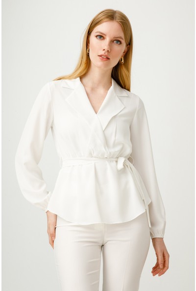 Ekol Kadın Kruvaze Kuşaklı Bluz 6053034 Ekru