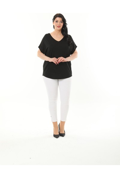 Elsin Butik Kadın Büyük Beden Siyah Sırtı Çapraz Taşlı Bluz WNS1946