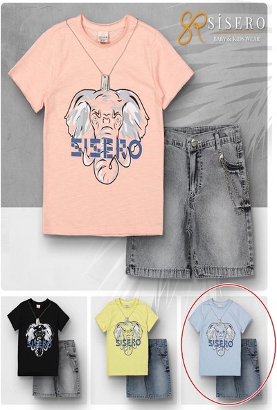Fil Desen Kolyeli Tshirt Erkek Çocuk Yazlık Şortu Zincir Aksesuarlı Takım Fil Desen Kolyeli Tshirt Erkek Çocuk Yazlık Şortu Zincir Aksesuarlı Takım