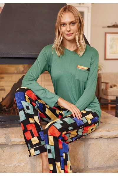Aydoğan Kadın Poplin Altı Desenli Üstü Düz Pijama Takımı