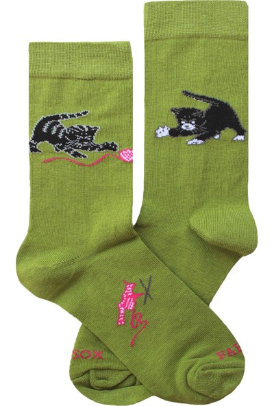 Yeşil/pembe Kedi Desenli Kadın Soket Çorap