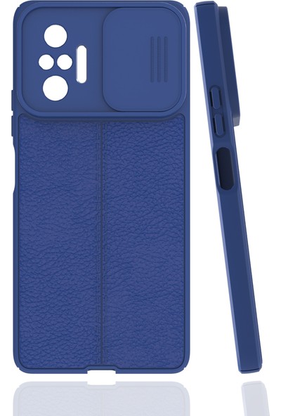 Case 4U Xiaomi Redmi Note 10 Pro Kılıf Sürgülü Niss Slide Kamera Korumalı Deri Görünümlü Leke Tutmaz Lüks Silikon Lacivert