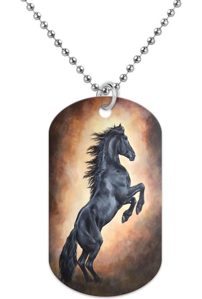 Rowalsi Black Horse Baskılı Gümüş Zincirli Künye/kolye TYT1466