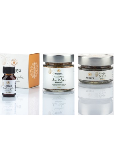 Melinya Sıvı Propolis Damla ( %33 Konsantrasyonlu ) 20 ml + Melinya Kuru Arı Poleni 150 gr Melinya Arı Ekmeği ( Perga ) 100 gr Melinya Sıvı Propolis Damla ( %33 Konsantrasyonlu ) 20 ml + Melinya Kuru Arı Poleni 150 gr Melinya Arı Ekmeği ( Perga ) 100 gr