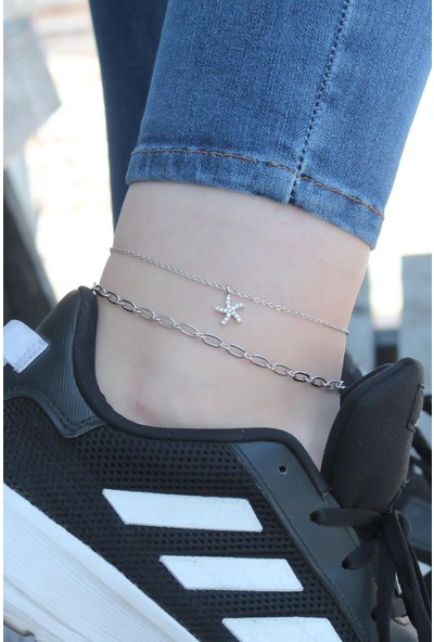 Gümüş Renk Taşlı Minimal Deniz Yıldızı Detay Halhal Gümüş Renk Taşlı Minimal Deniz Yıldızı Detay Halhal