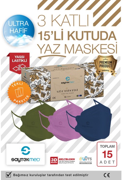 Saytekmed Güz Esintisi Maske, Meltblown Filtre, Özel Tasarım ve Renkler (1 Kutu/15 Adet) Saytekmed Güz Esintisi Maske, Meltblown Filtre, Özel Tasarım ve Renkler (1 Kutu/15 Adet)