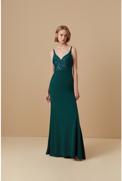 Oleg Cassini Çam Yeşili Payet Işlemeli Ince Askılı Abiye