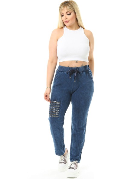 Mia Butik Büyük Beden Lacivert Italyan Yıkamalı Beli Lastikli Pantolon