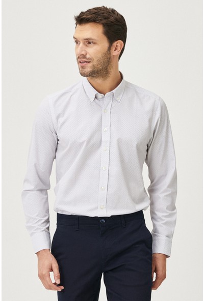 Ac&Co / Altınyıldız Classics Erkek Beyaz-Bordo Slim Fit Dar Kesim Düğmeli Yaka Gömlek Ac&Co / Altınyıldız Classics Erkek Beyaz-Bordo Slim Fit Dar Kesim Düğmeli Yaka Gömlek