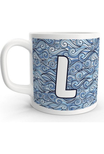 Rock'n Fox L Harfi Deniz Dalga Desenli Denizci Tasarım Harfli Kupa Bardak