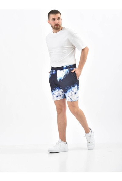 Moviment Lacivert Batik Desenli Beli Lastikli Şort