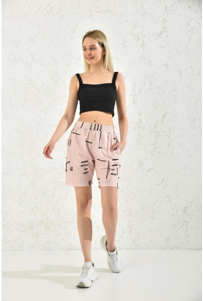 Moviment Pudra Beli Lastikli Desenli Şort