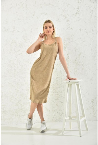 Moviment Sütlü Kahve Askılı Ön Arka U Yaka Elbise