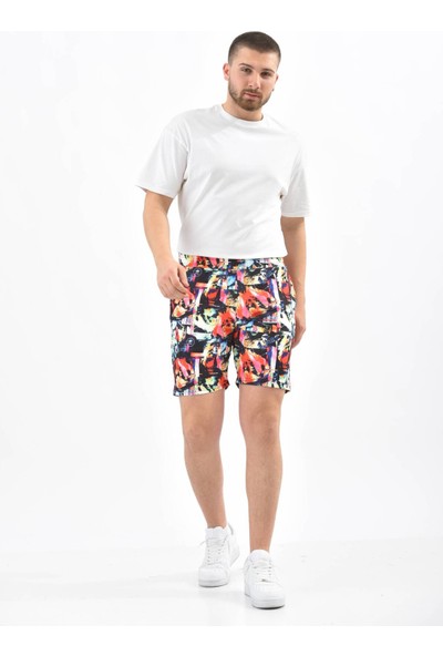 Moviment Kırmızı Karışık Renk Desenli Lastikli Şort