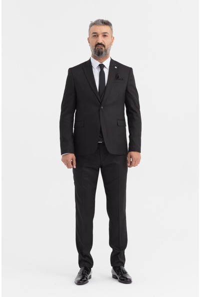 Tunahan Erkek Giyim Slimfit Kesim Armür Desen Yelekli Takım Elbise-Siyah Tunahan Erkek Giyim Slimfit Kesim Armür Desen Yelekli Takım Elbise-Siyah