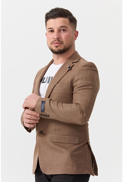 Tunahan Erkek Giyim Slimfit Kesim Armur Desen Keten Tek Ceket-Hardal Tunahan Erkek Giyim Slimfit Kesim Armur Desen Keten Tek Ceket-Hardal