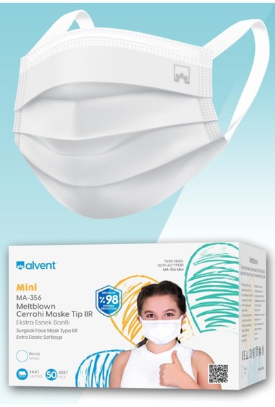 Beyaz 10-16 Yaş Çocuk Maskesi Yumuşak Kulak Meltblown Maske-50 Adet(En Az %98 Koruma-Sertifikalı)