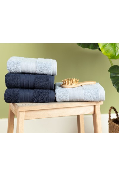 Madame Coco Fabrice Düz 4'Lü Yüz Havlu Seti - Lacivert/Mavi