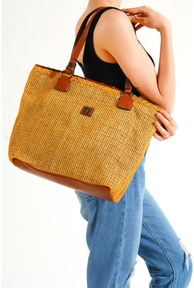 EFW Gionna Nakışlı Hasır Hardal Çanta