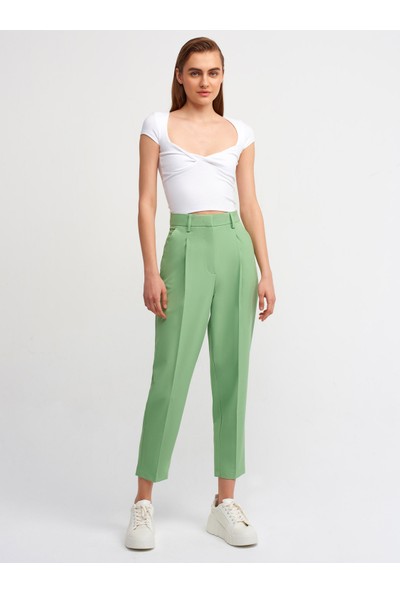 Dilvin 4951 Yüksel Bel Pileli Pantolon-Yeşil