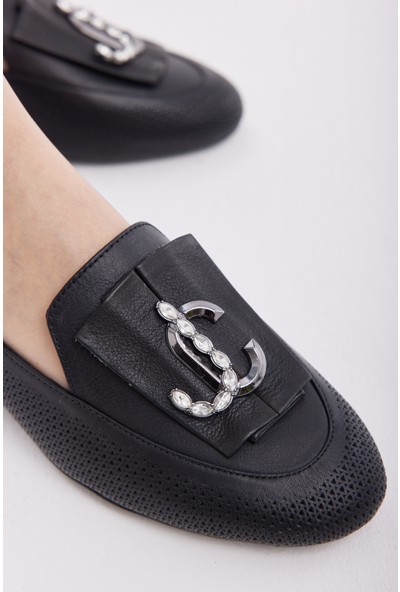 Derinet Siyah Taşlı Hakiki Deri Kadın Babet