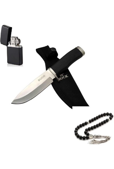 Buck Marka Özel Kılıflı Av Bıçağı Metal Çakmak ve Tesbih Ile