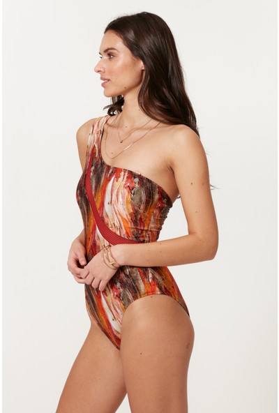 No Gossip Tek Omuz Tül Detaylı Mayo Desenli 217104