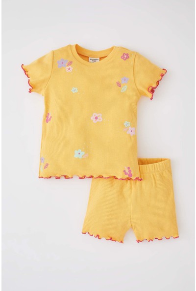 DeFacto Kız Bebek Regular Fit Bisiklet Yaka Baskılı Kaşkorse Kısa Kollu Tişört ve Şort Metrajlı Takım X9623A222SM