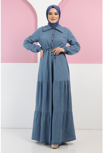 Düğmeli Kot Elbise Açık Mavi