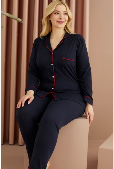 Siyah İnci Pamuklu Likralı Büyük Beden Battal Düğmeli Cepli Biyeli Uzun Kollu Pijama Takımı 7555 Siyah İnci Pamuklu Likralı Büyük Beden Battal Düğmeli Cepli Biyeli Uzun Kollu Pijama Takımı 7555
