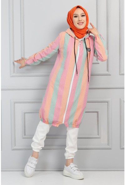 Moda Mihram Fermuarlı Çizgili Kap Pembe Moda Mihram Fermuarlı Çizgili Kap Pembe