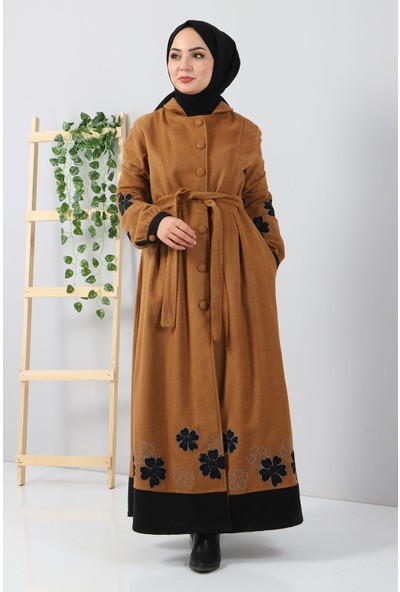 Moda Mihram Düğmeli Nakışlı Kaşe Kaban Taba Moda Mihram Düğmeli Nakışlı Kaşe Kaban Taba