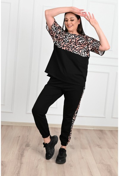 Koza Kadın Leopar Detaylı Büyük Beden Eşofman Takımı 3288-1