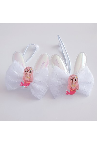 Prenses Deniz Kızı Figürlü Tavşan Kulaklı Tüllü Fiyonklu Kız Çocuk Ikili Lastikli Toka