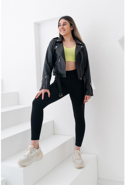 Enter Kadın Siyah Fermuarlı Deri Mont