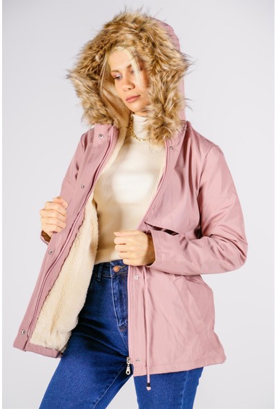 Xexese Kadın Gül Kurusu Içi Kürklü Kapüşonlu Mont Xexese Kadın Gül Kurusu Içi Kürklü Kapüşonlu Mont