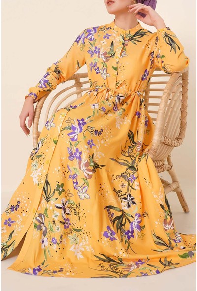 Lemetrem Hardal Sarısı Desenli Hakim Yaka Tesettür Elbise